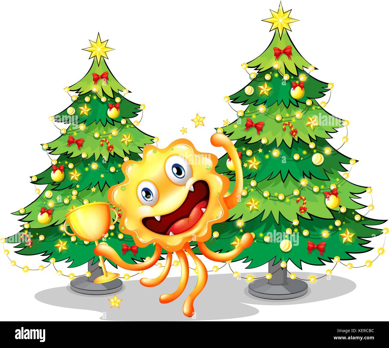 Illustration of a monster near the christmas trees holding a trophy on ...