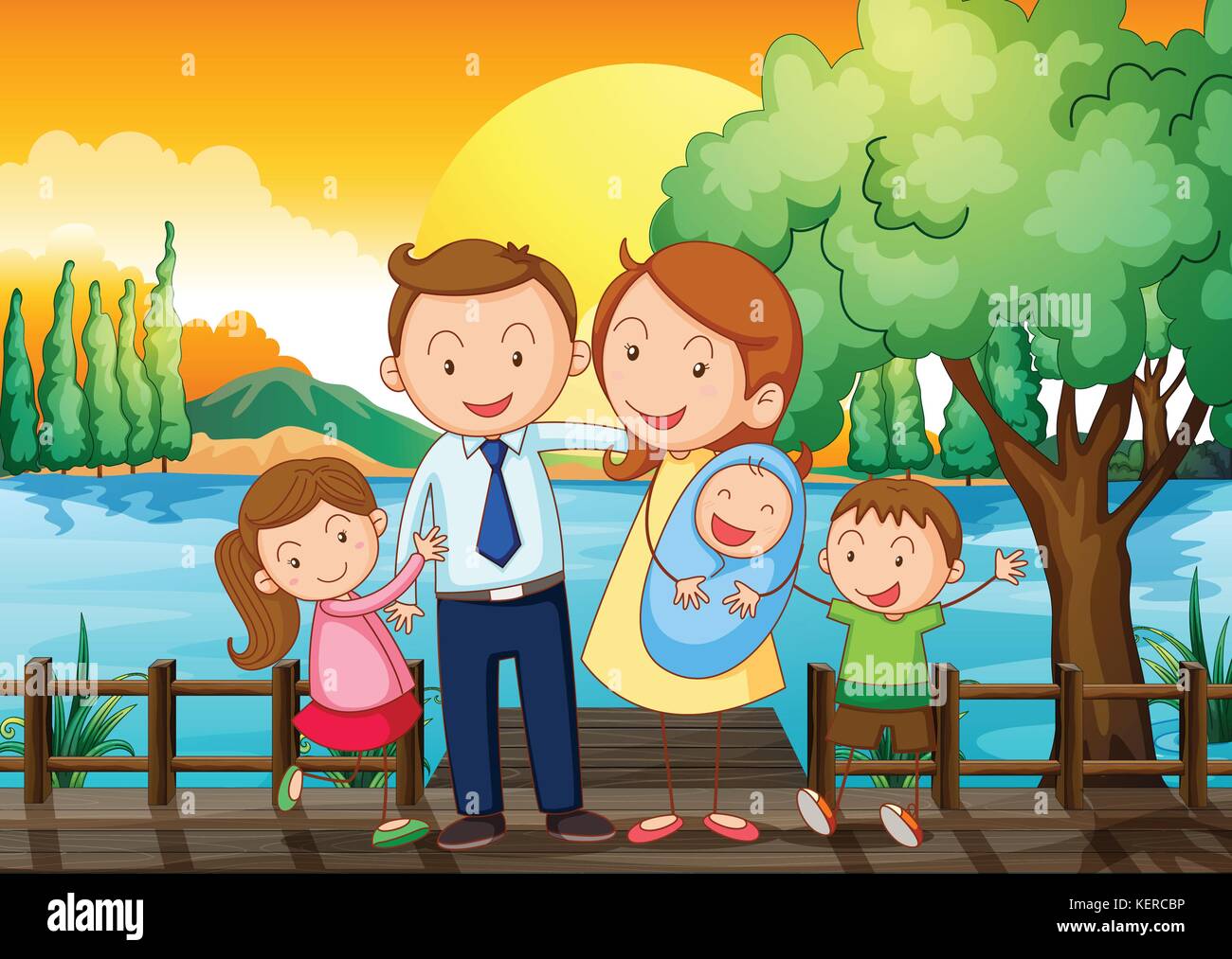 Illustration of a happy family at the wooden bridge Stock Vector Image ...