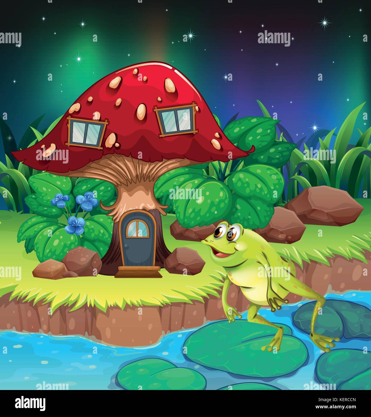 Illustration of a frog jumping near the red mushroom house Stock Vector ...