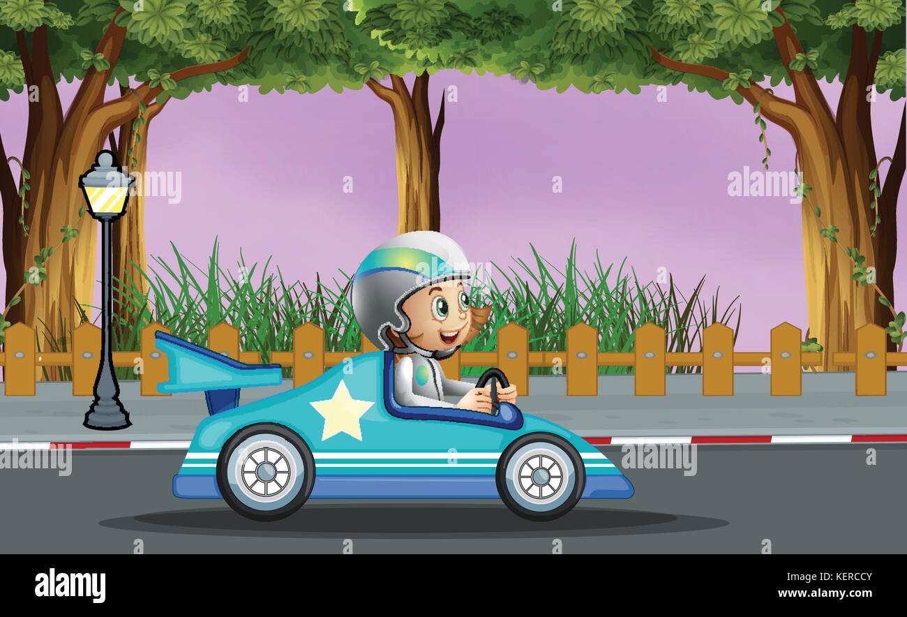 Illustration of a boy in his blue racing car with a white star Stock ...