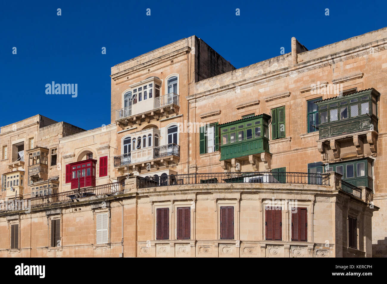 Colourful balconies and windows in the city of Valletta in Malta Stock ...