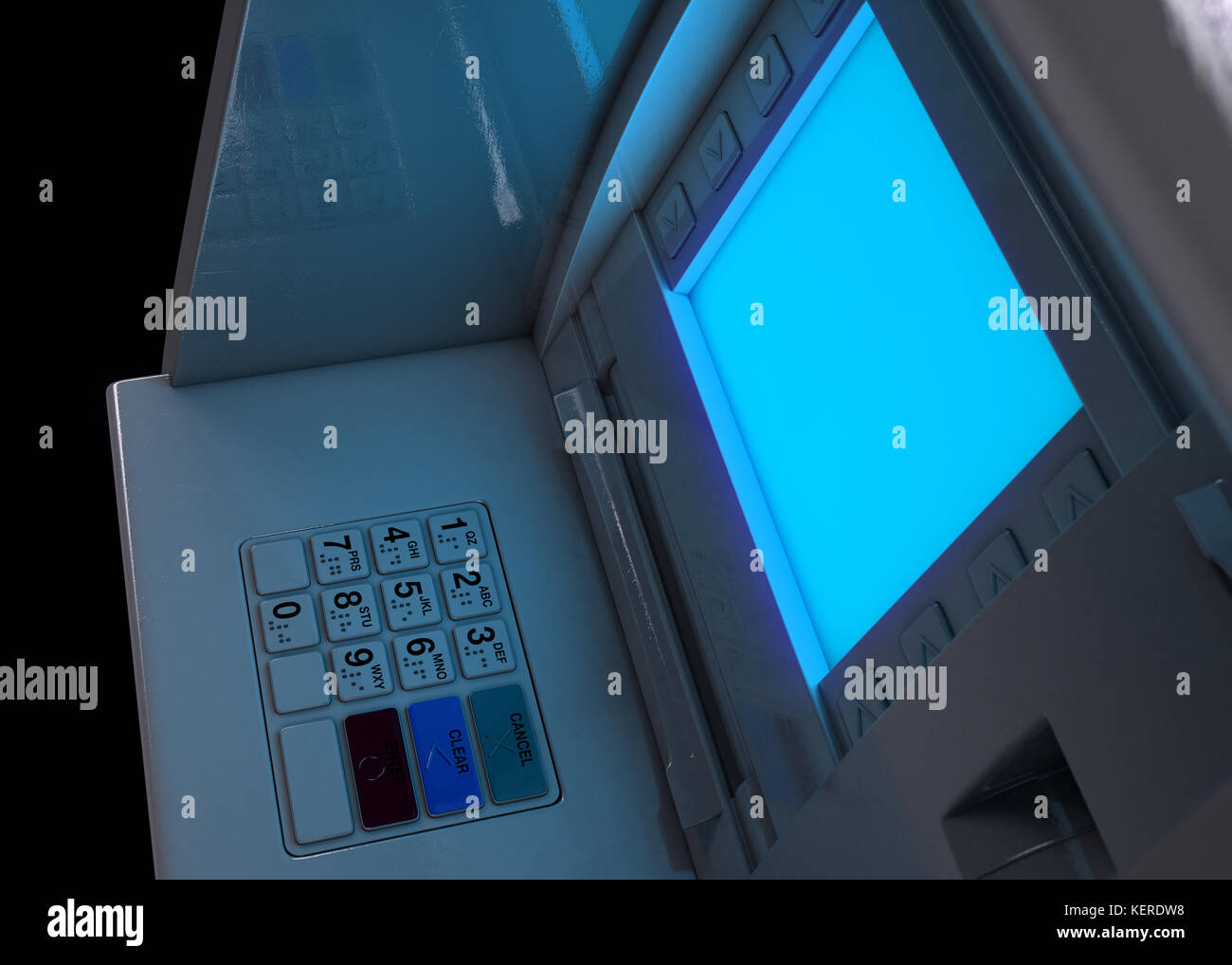 A closeup view of a generic atm facade with an illuminated blank sceen ...
