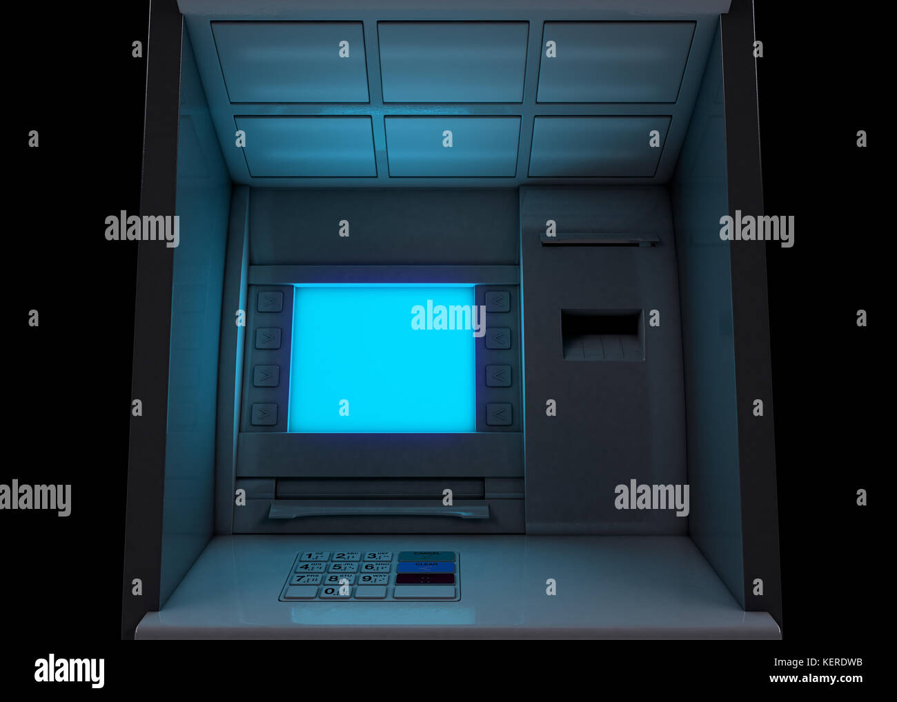 A closeup view of a generic atm facade with an illuminated blank sceen ...