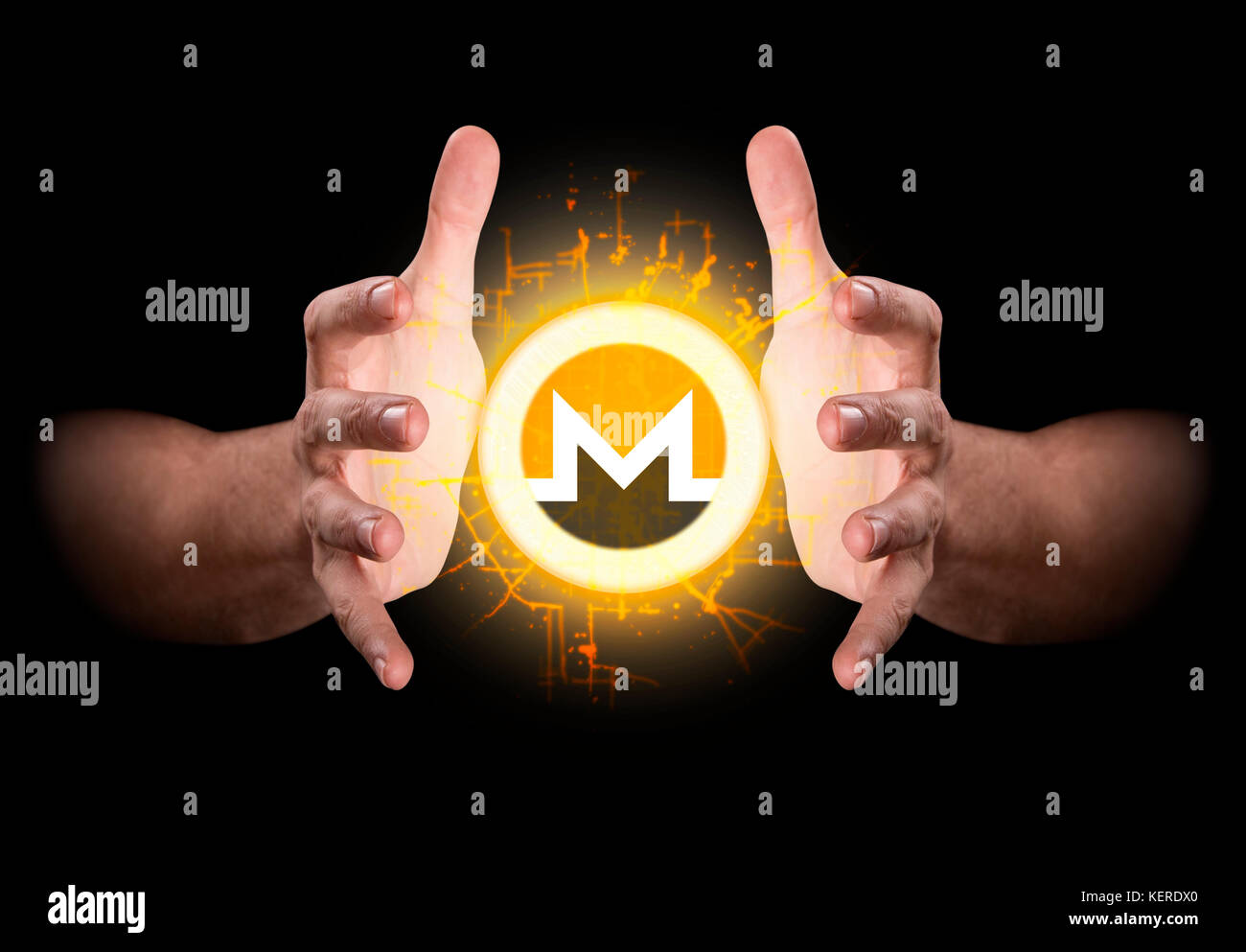 A pair of male hands reaching through the dark grasping at a monero ...
