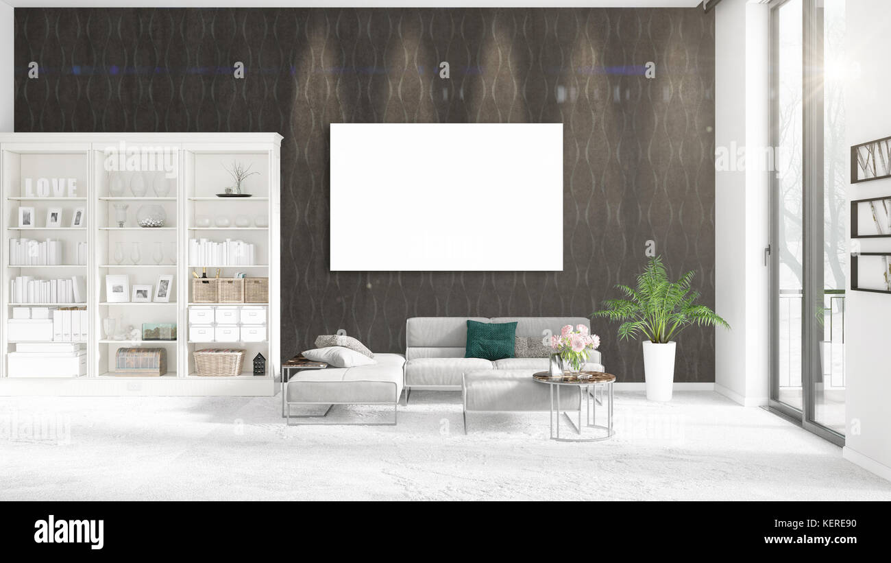 Fashionable modern loft interior in vogue with empty frame and ...