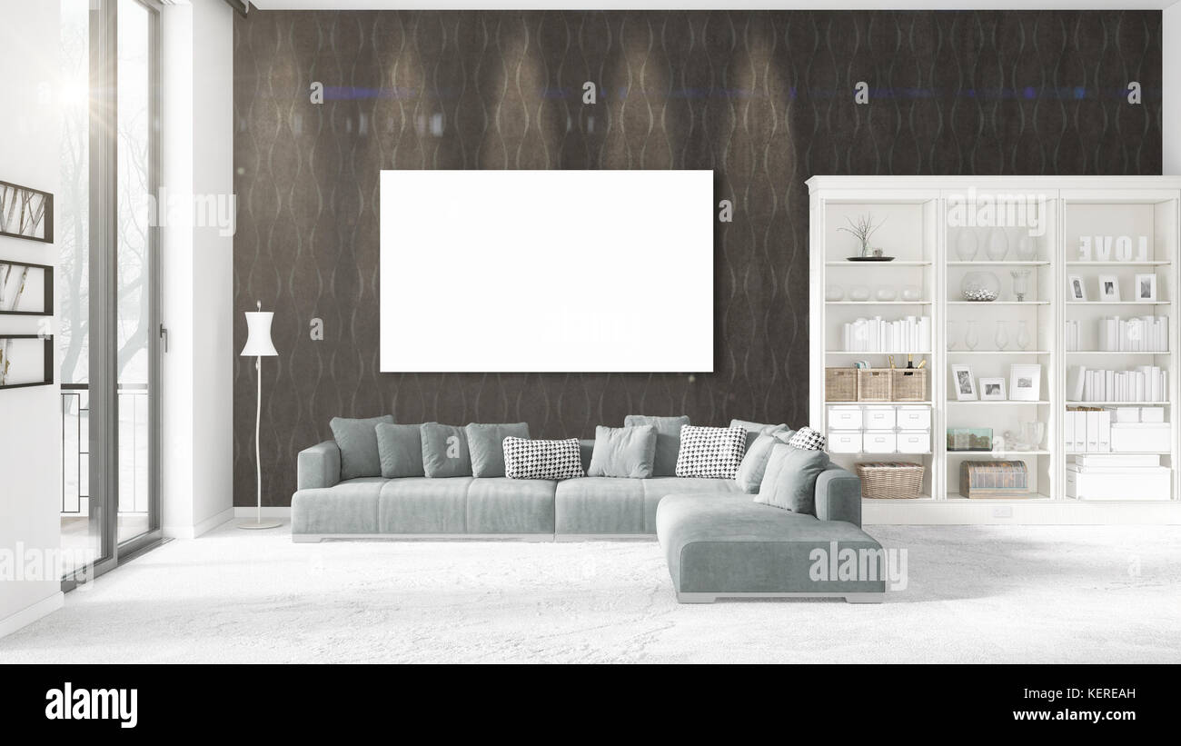 Fashionable modern loft interior in vogue with empty frame and ...