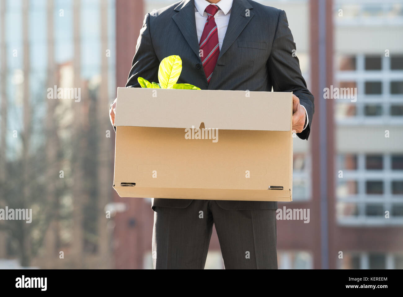 Close-up Of Businessperson Standing With Cardboard Box Outside Office ...