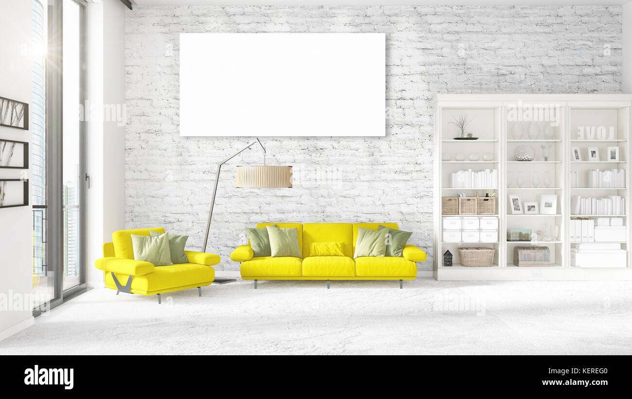 Fashionable modern loft interior in vogue with empty frame and ...