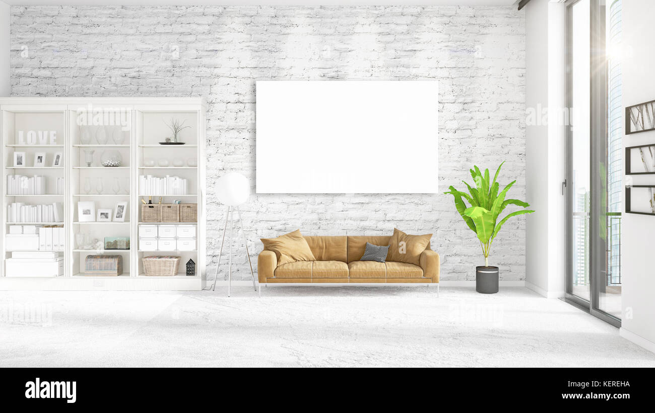 Fashionable modern loft interior in vogue with empty frame and ...