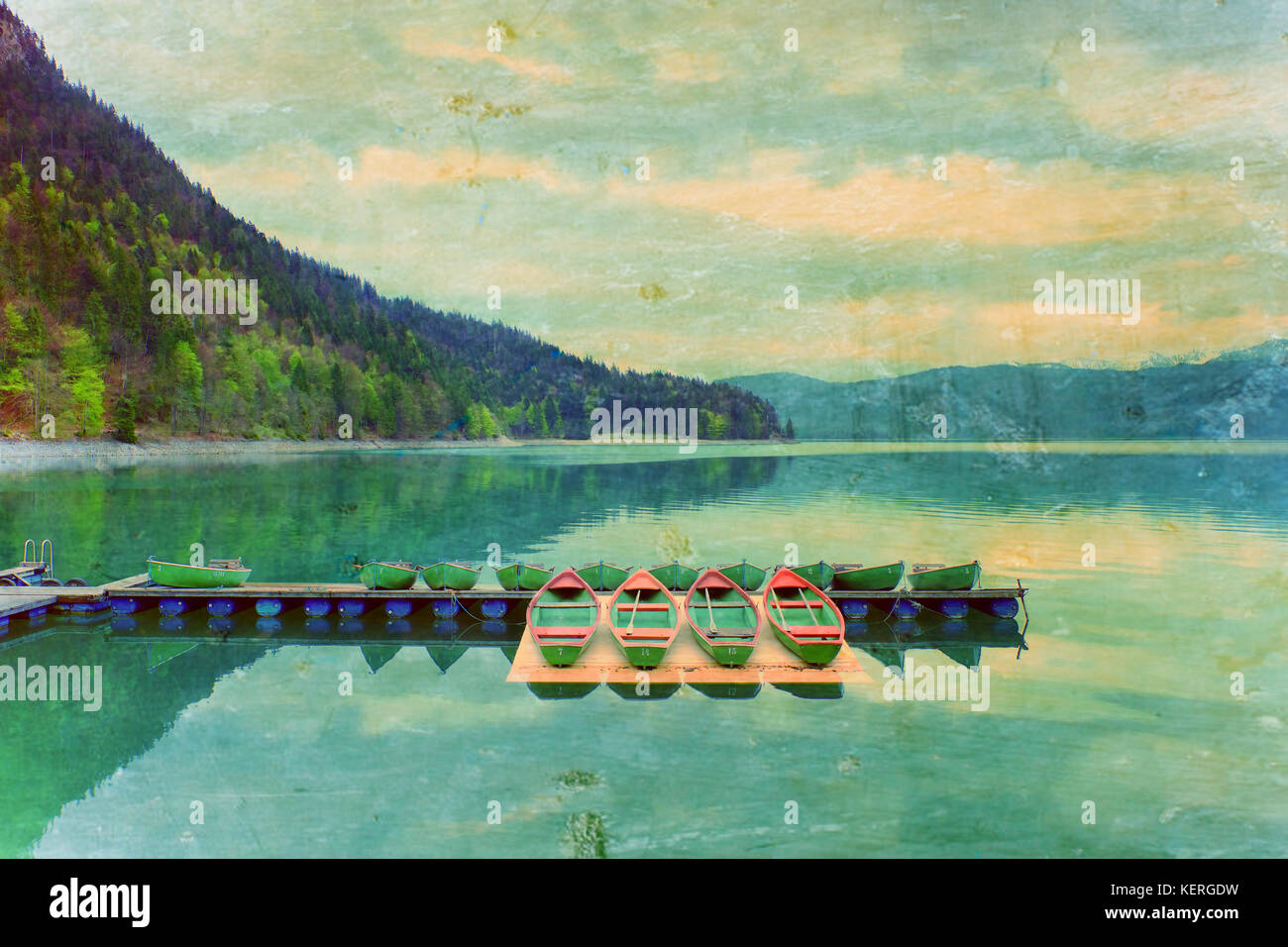 Flare, soft focus. Blue Alps lake with Rental rowing boats in marina ...