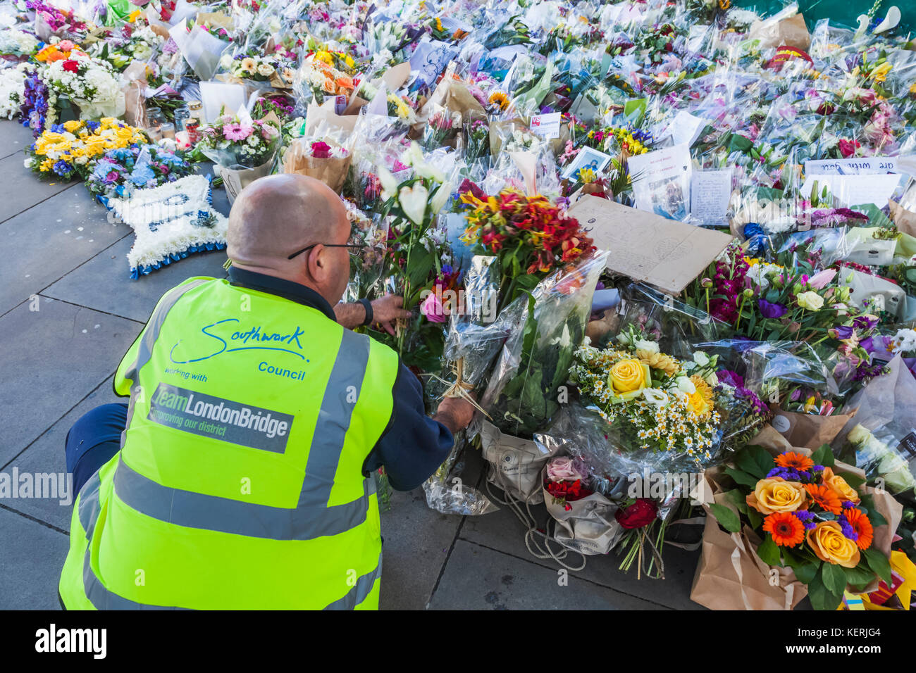 England, London, Southwark, London Bridge, Memorial Flowers for The ...