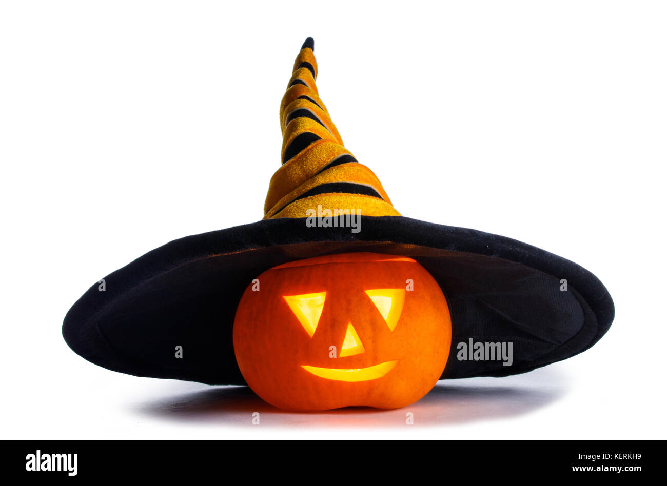 Jack O Lantern Halloween pumpkin with witches hat isolated on white ...