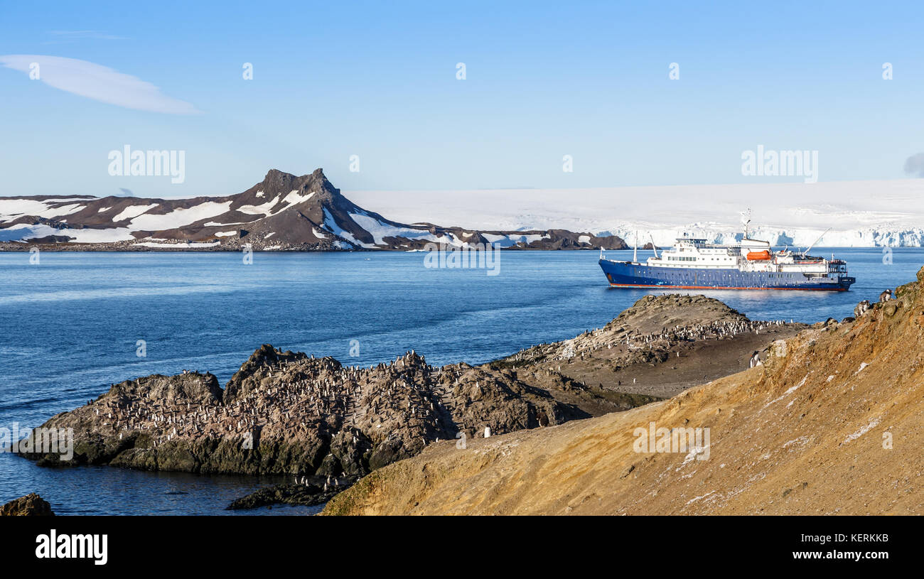Blue antarctic cruise ship in the lagoon and Gentoo penguins colony on ...