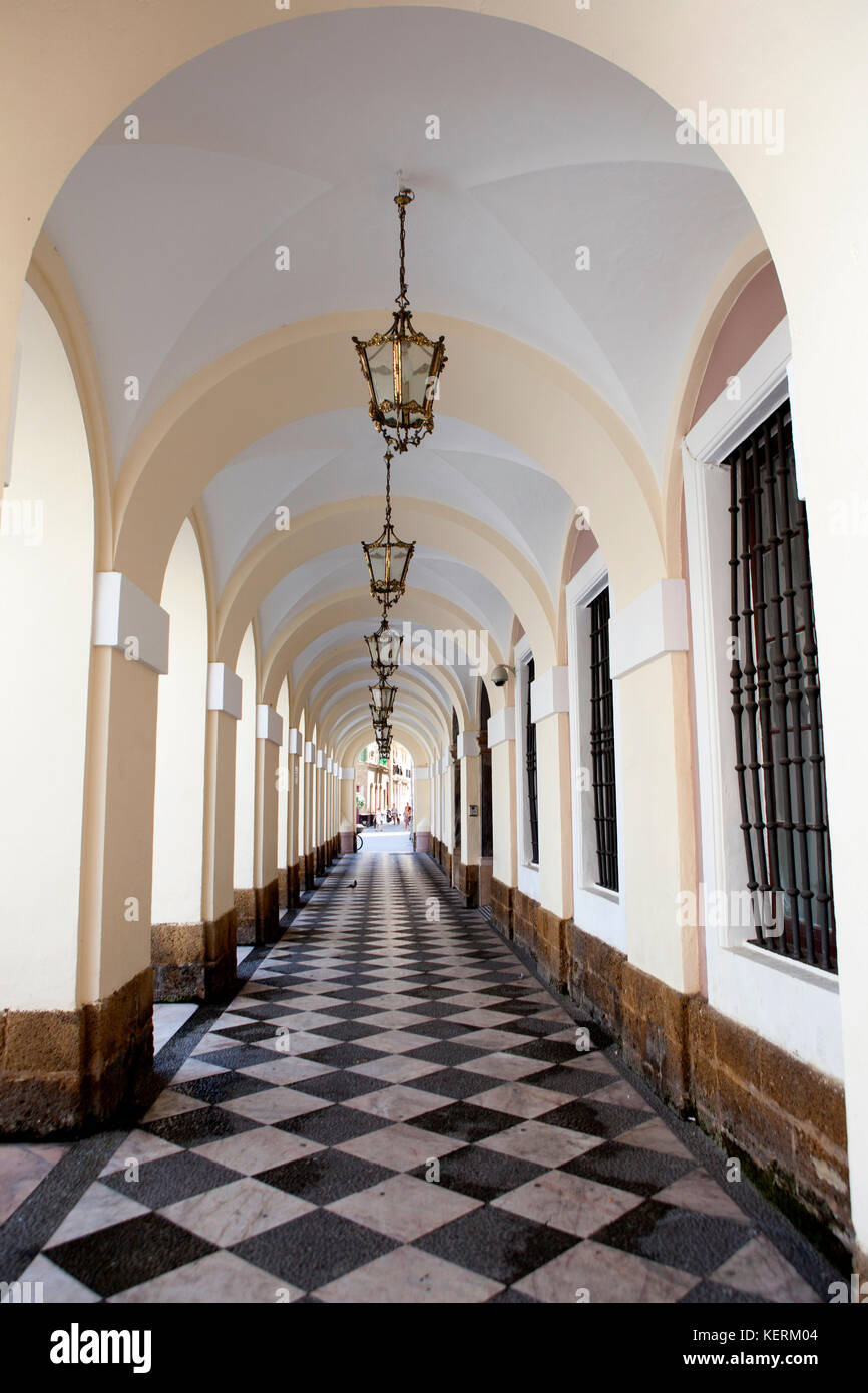 Old Town Hall hallway in Cadiz an ancient port city in southwest Spain ...