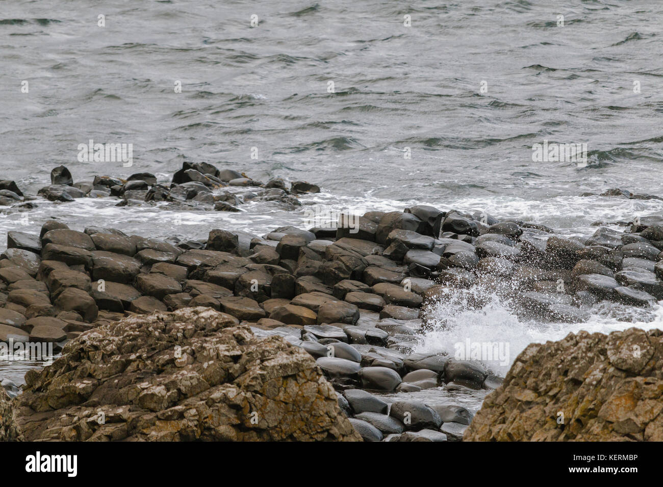 Basalt columns lead into the ocean at the Giant's Causeway, Northern ...