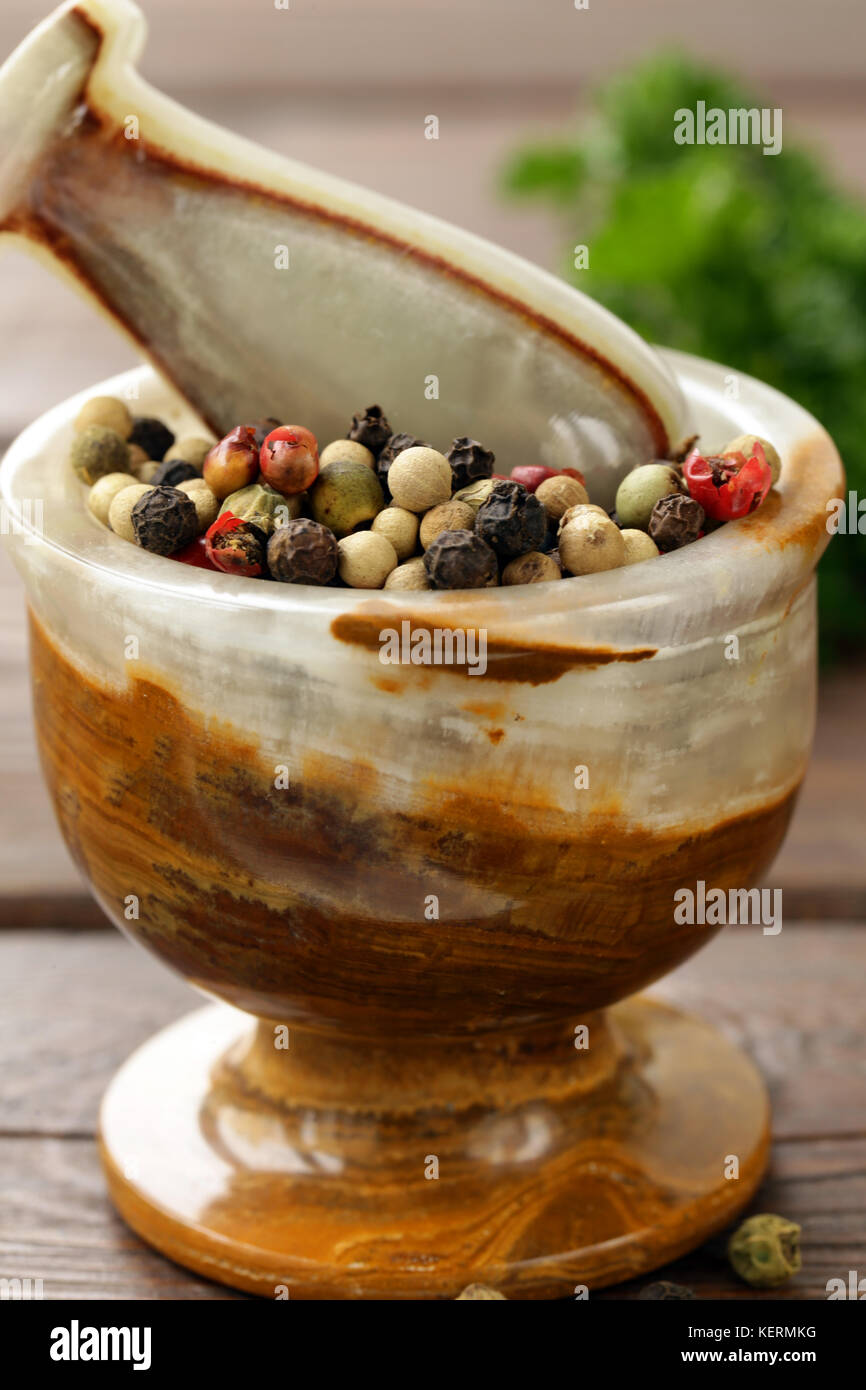 spices mix pepper in marble mortar meal Stock Photo - Alamy