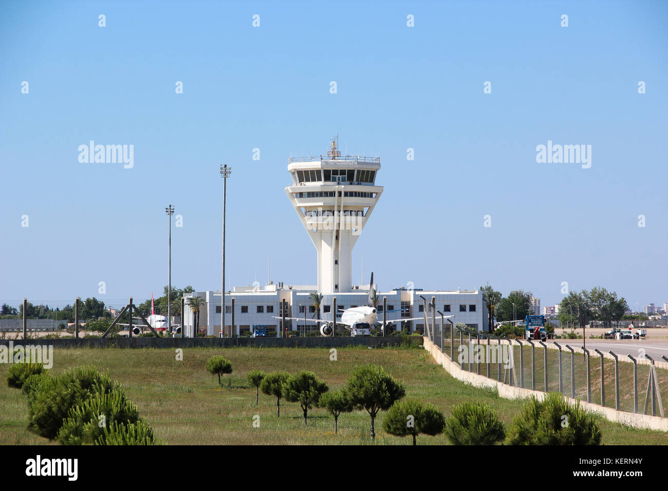 Airport watchtower, Antalya Turkey, summer sunny day. Blue sky ...