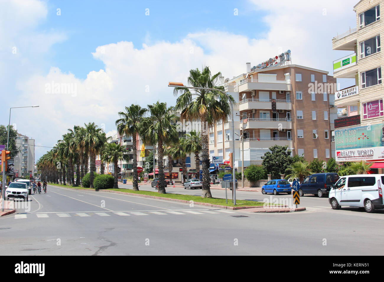 A broad avenue with palm trees at the edge of the road, simple concrete ...