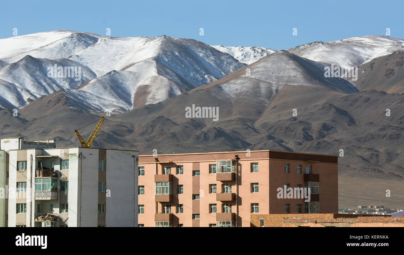 View of Olgii city, houses, mountains in the background, Bayan-Olgii ...