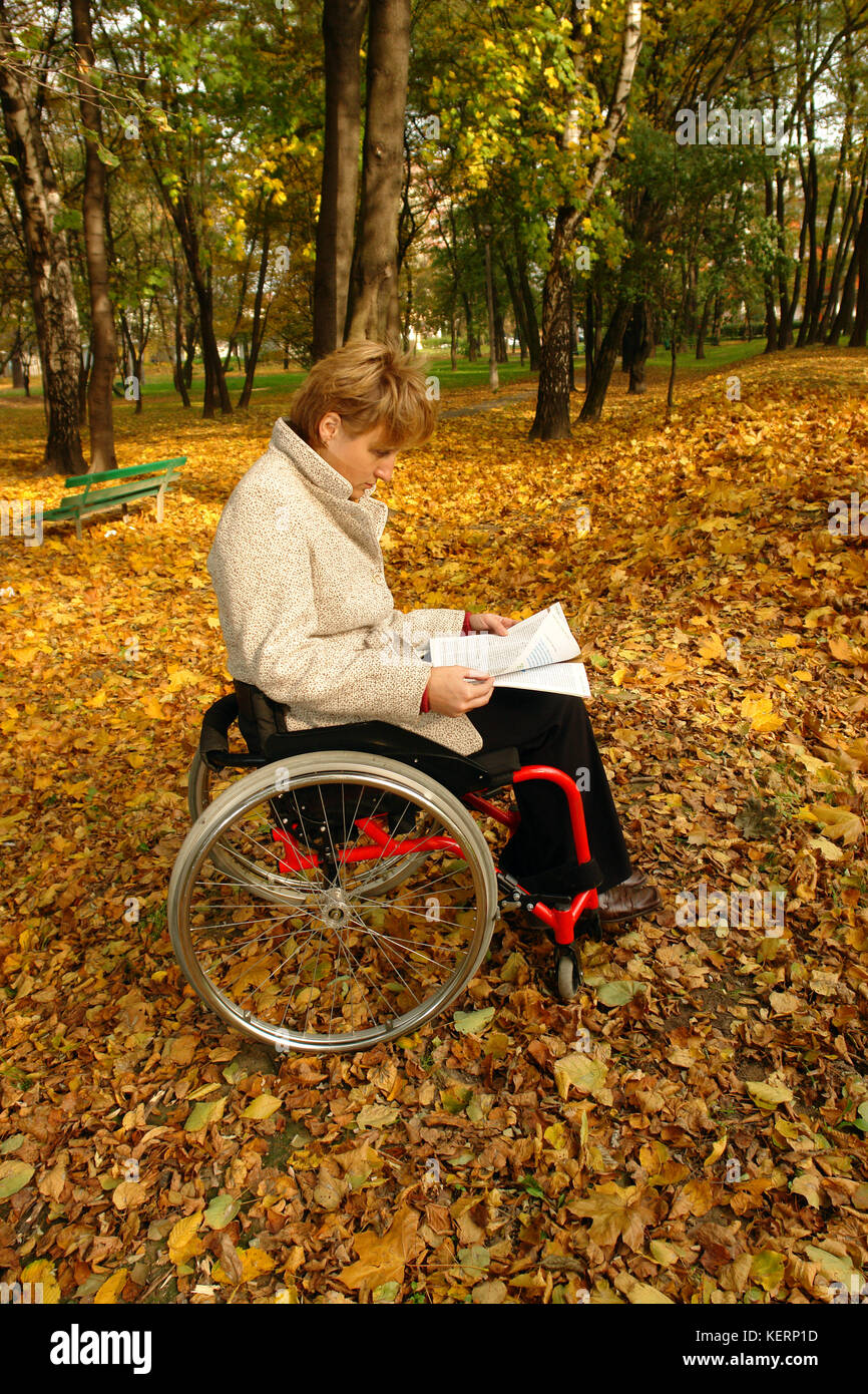 Woman on wheelchair reading a magazine in the park in fall time Stock ...