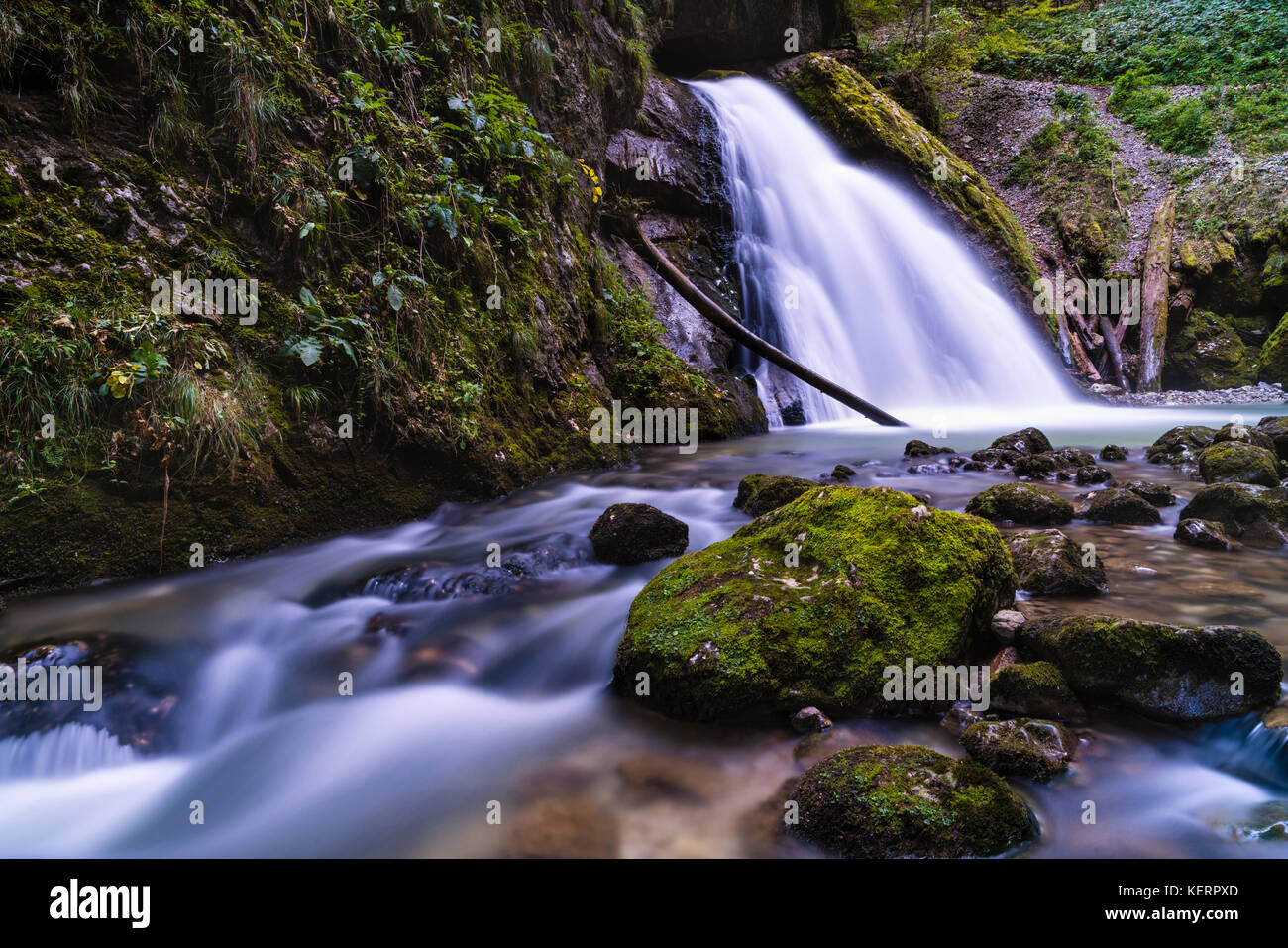 waterfall on a mountain river through the Yellow Keys. Romania Stock ...