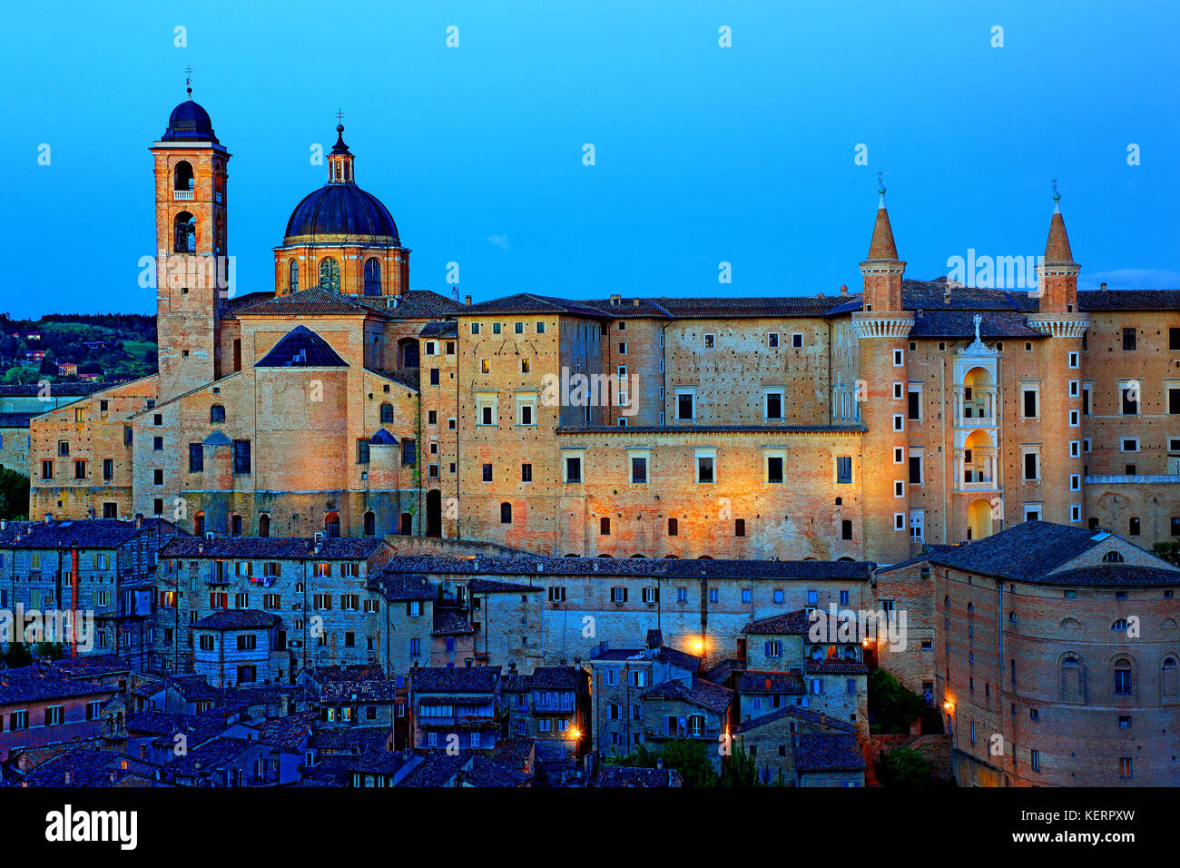 View of Urbino in the evening, with the Ducal Palace, Palazzo Ducale ...