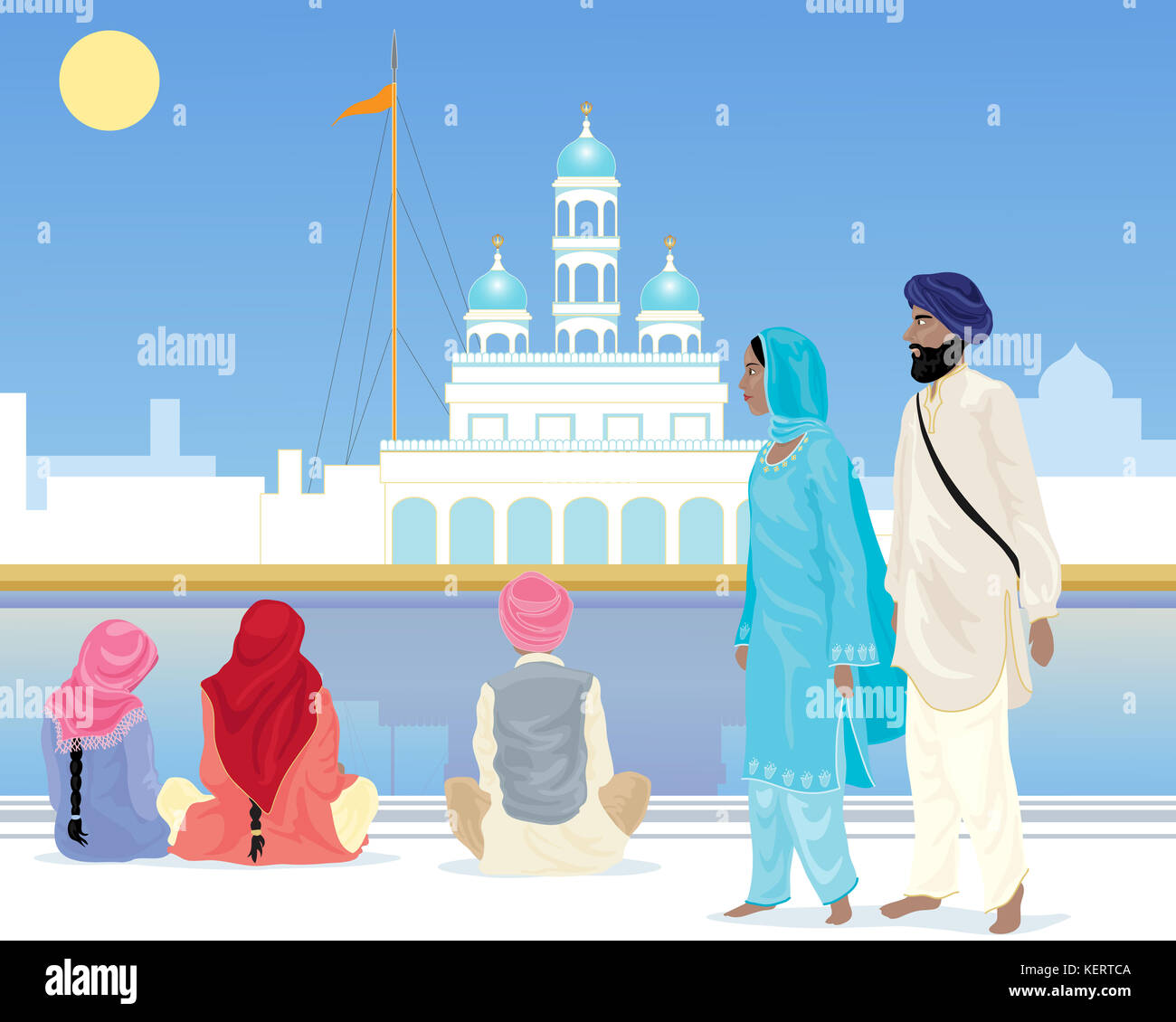 an illustration of a sikh couple and devotees at an ornate temple ...