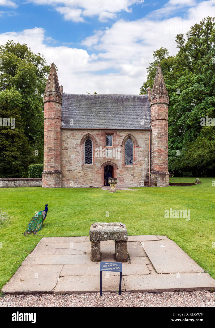 A replica of the Stone of Scone in front of the chapel on Moot Hill ...