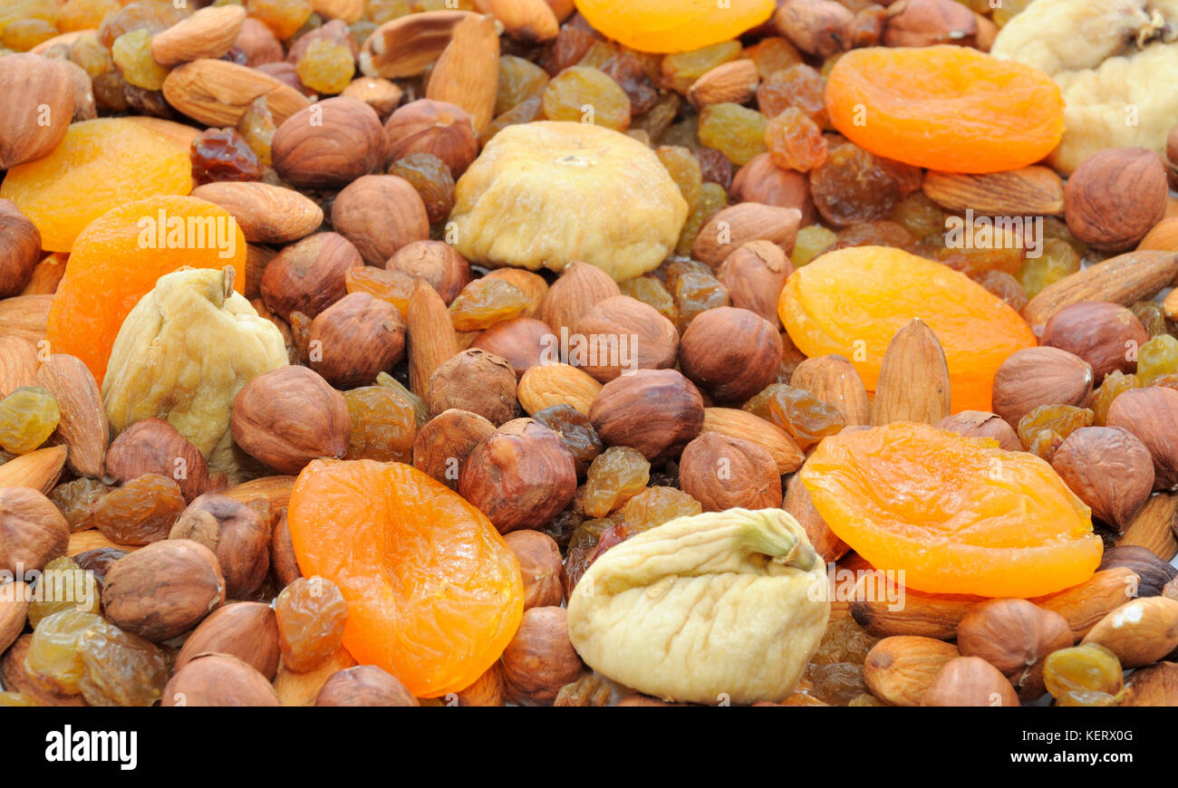 Various dried fruits (apricots, dates, raisins, figs) close-up Stock ...