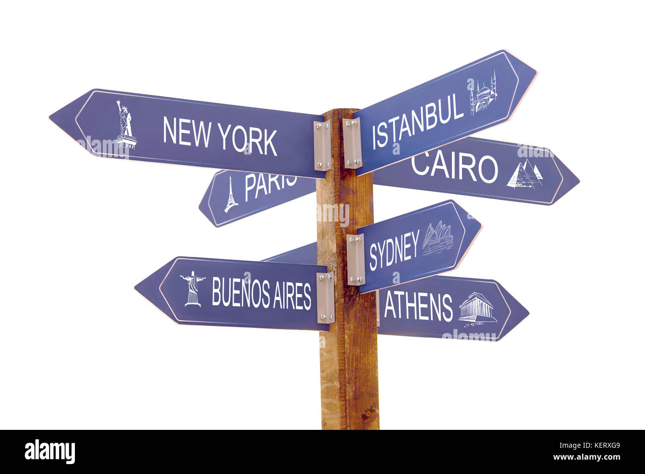 Wooden signpost indicating seven world famous cities over white Stock ...