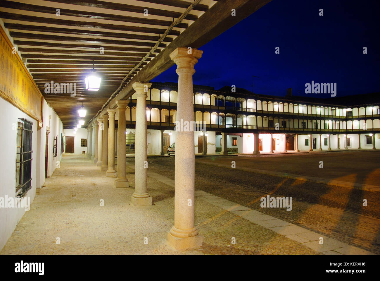 Plaza Mayor, night view. Tembleque, Toledo province, Castilla La Mancha ...