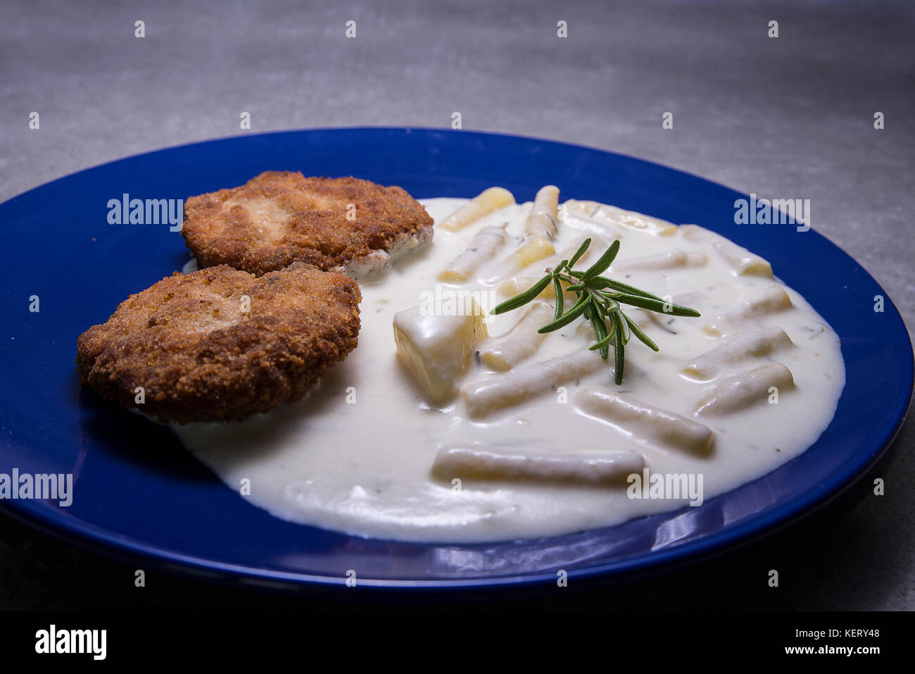 Rissole from chicken meat with young beans and cream sauce Stock Photo ...