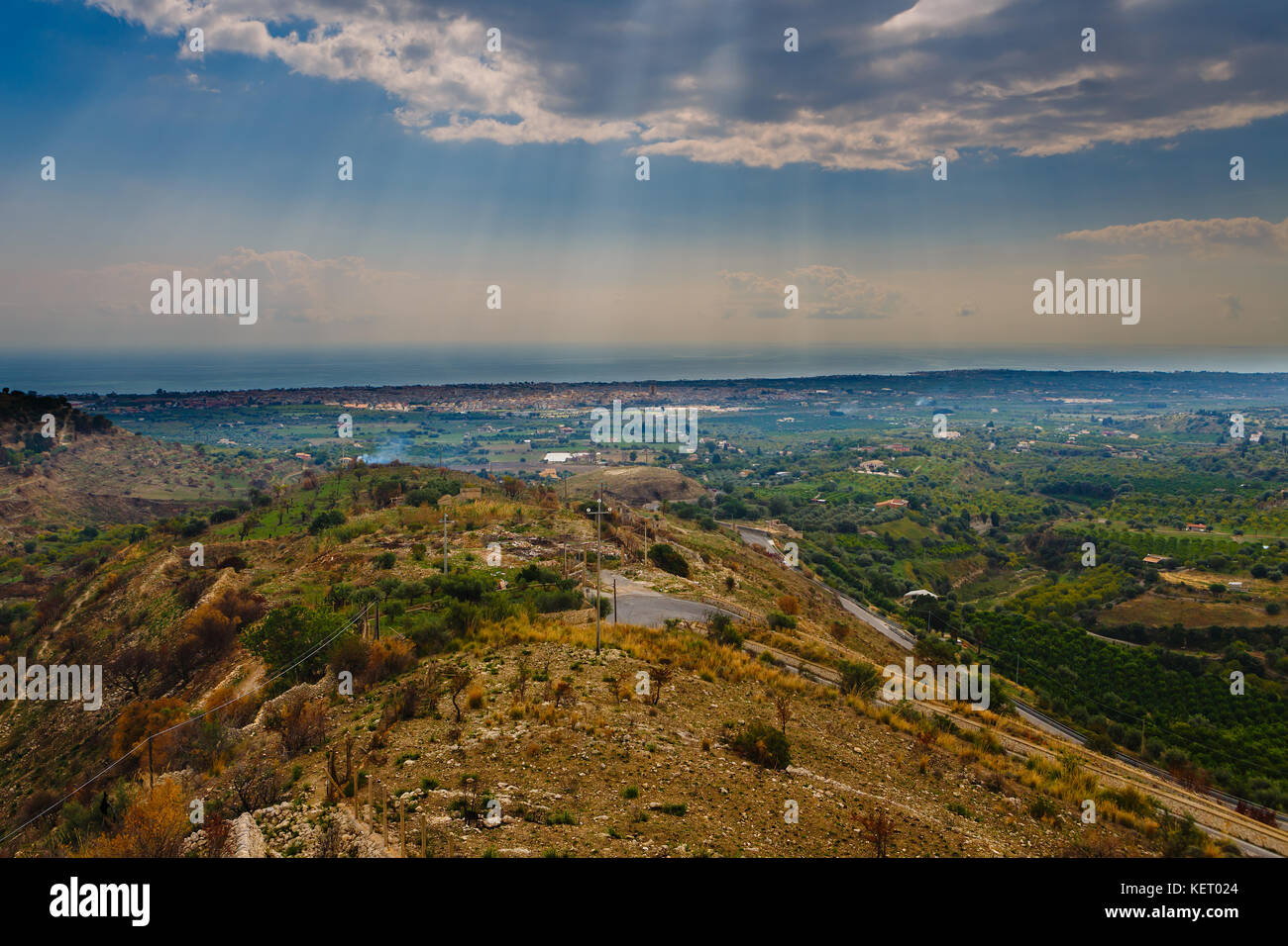 Arial view on the Sicilian landscape near the city of Avola, Italy ...