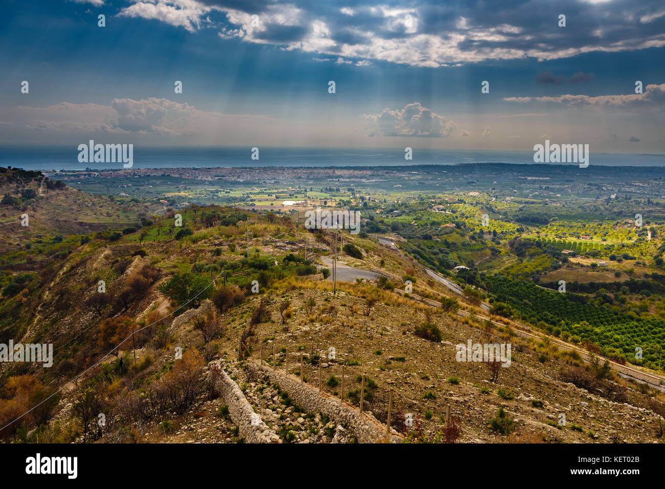 Arial view on the Sicilian landscape near the city of Avola, Italy ...
