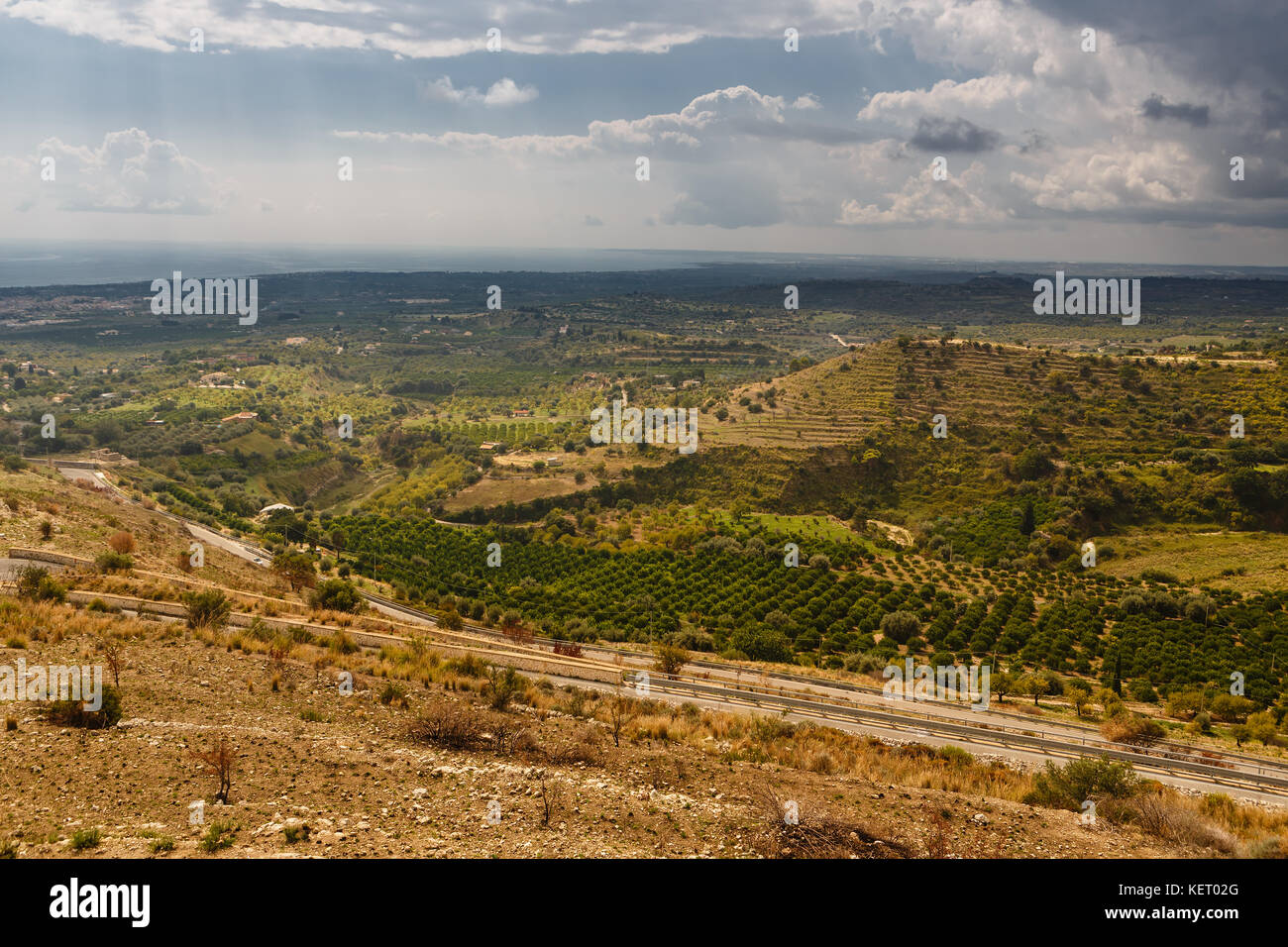 Arial view on the Sicilian landscape near the city of Avola, Italy ...