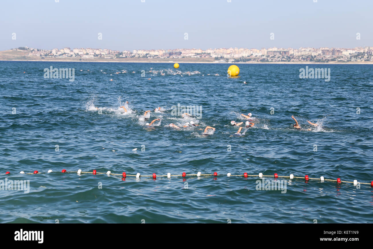 ISTANBUL, TURKEY - JULY 29, 2017: Athletes competing in swimming ...