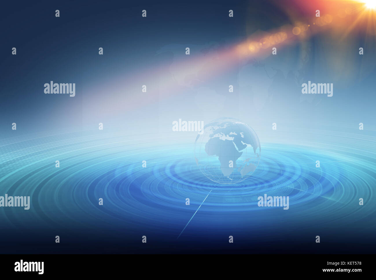 Wire frame earth globe inside multiple expanding lines around it on ...