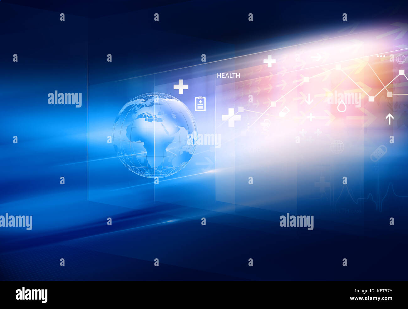 World health news background, earth globe with multiple health symbols ...