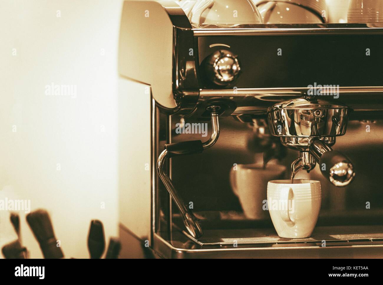 Making Cup of Cappuccino Using Professional Espresso Coffee Maker Stock ...