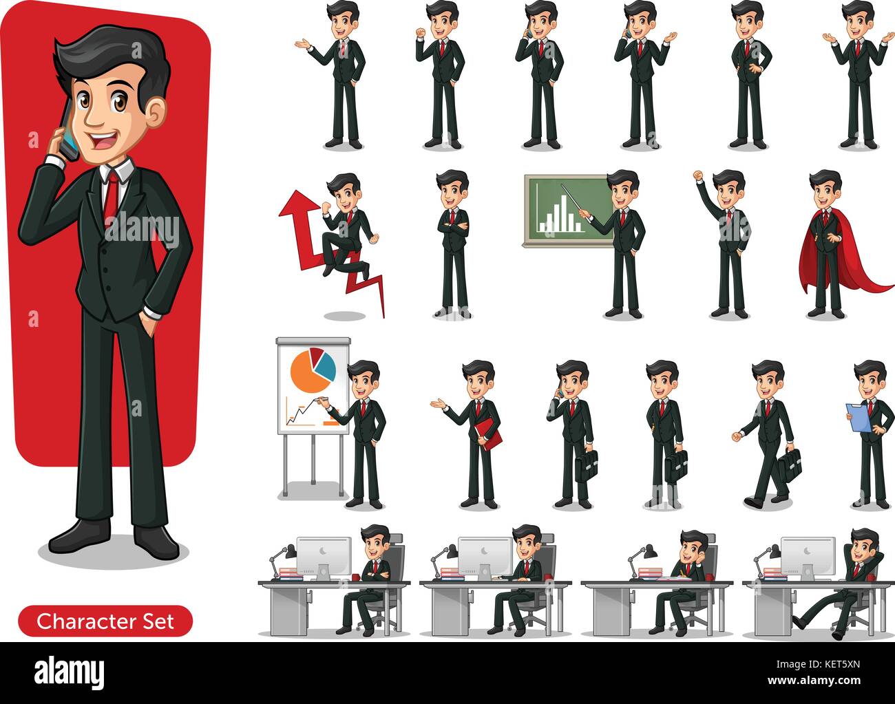 Set of businessman in black suit cartoon character design with ...