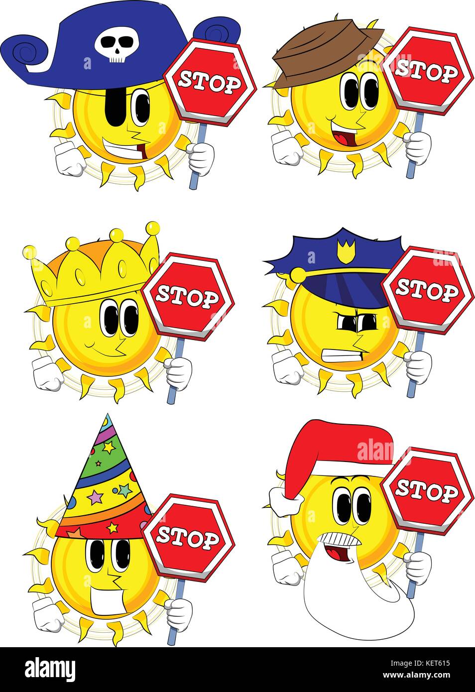 Cartoon sun holding a stop sign. Collection with costume. Expressions ...