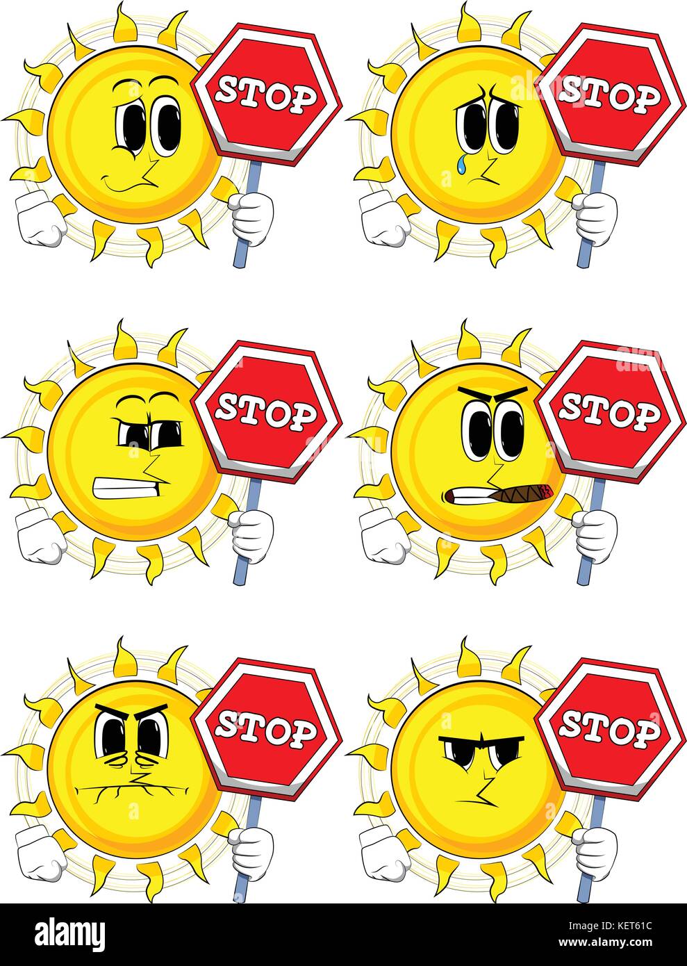 Cartoon sun holding a stop sign. Collection with sad faces. Expressions ...