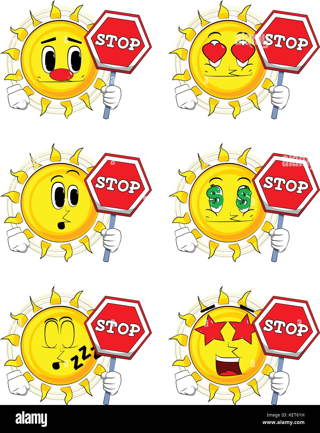 Cartoon sun holding a stop sign. Collection with various facial ...