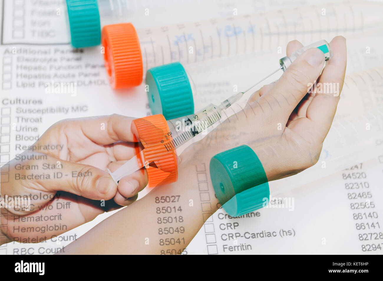 Double exposure Doctor holding medical injection syringe and Medicine ...