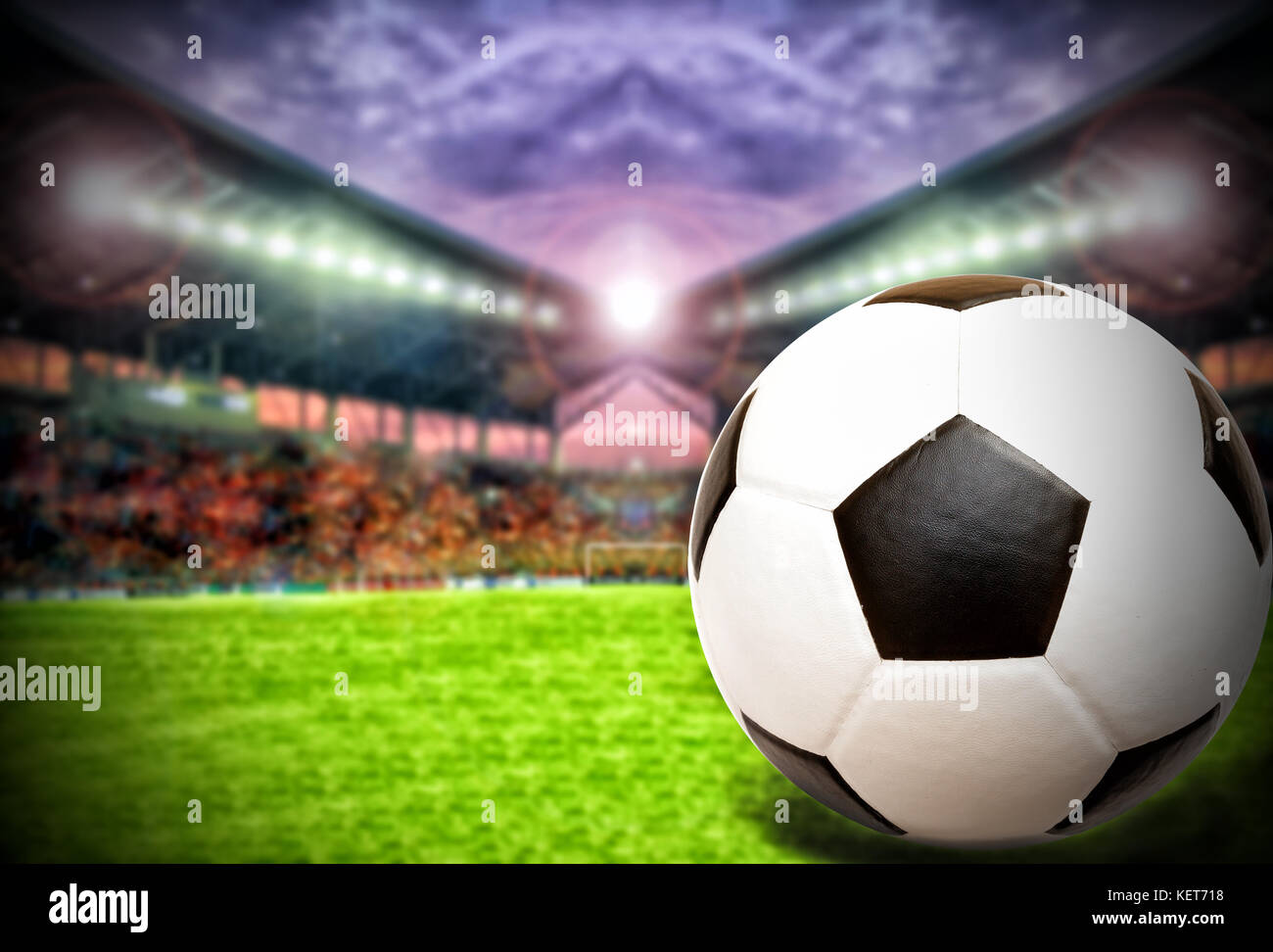 Soccer Ball On Green Field of football stadium and stadium arena soccer ...