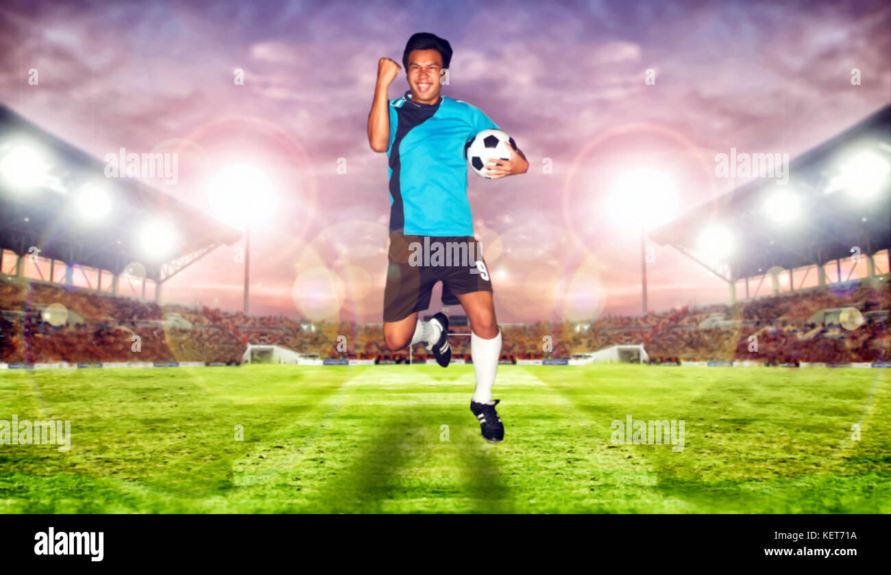 Blurry and soft focus of soccer football player young man happiness joy ...