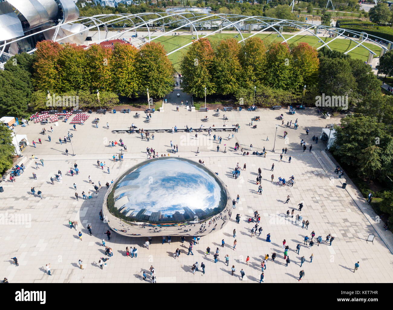 CHICAGO, USA - OCTOBER 1, 2017: Millennium park aerial view, with many ...