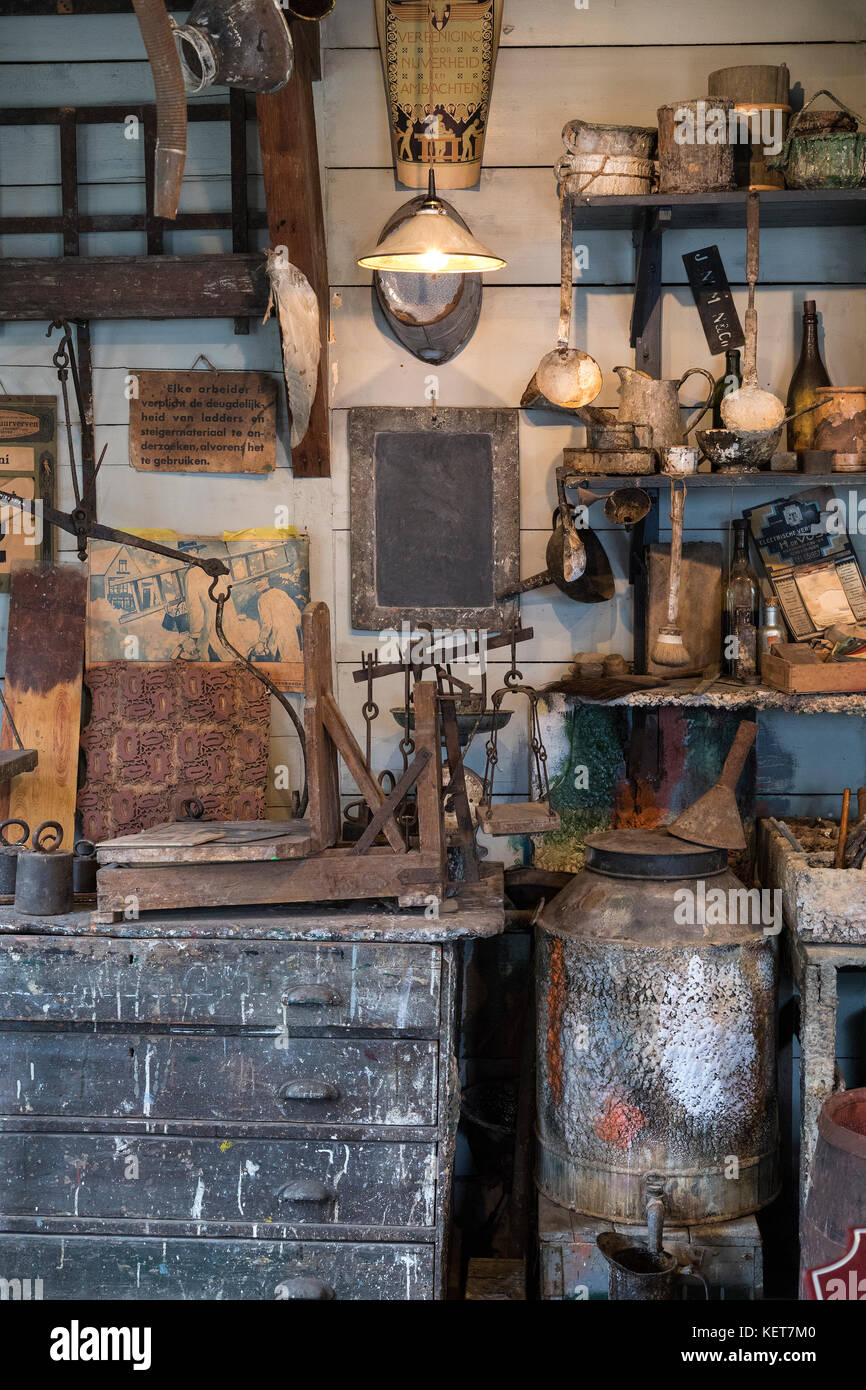 Old shelves and Arts and Crafts materials in a Dutch painters studio ...