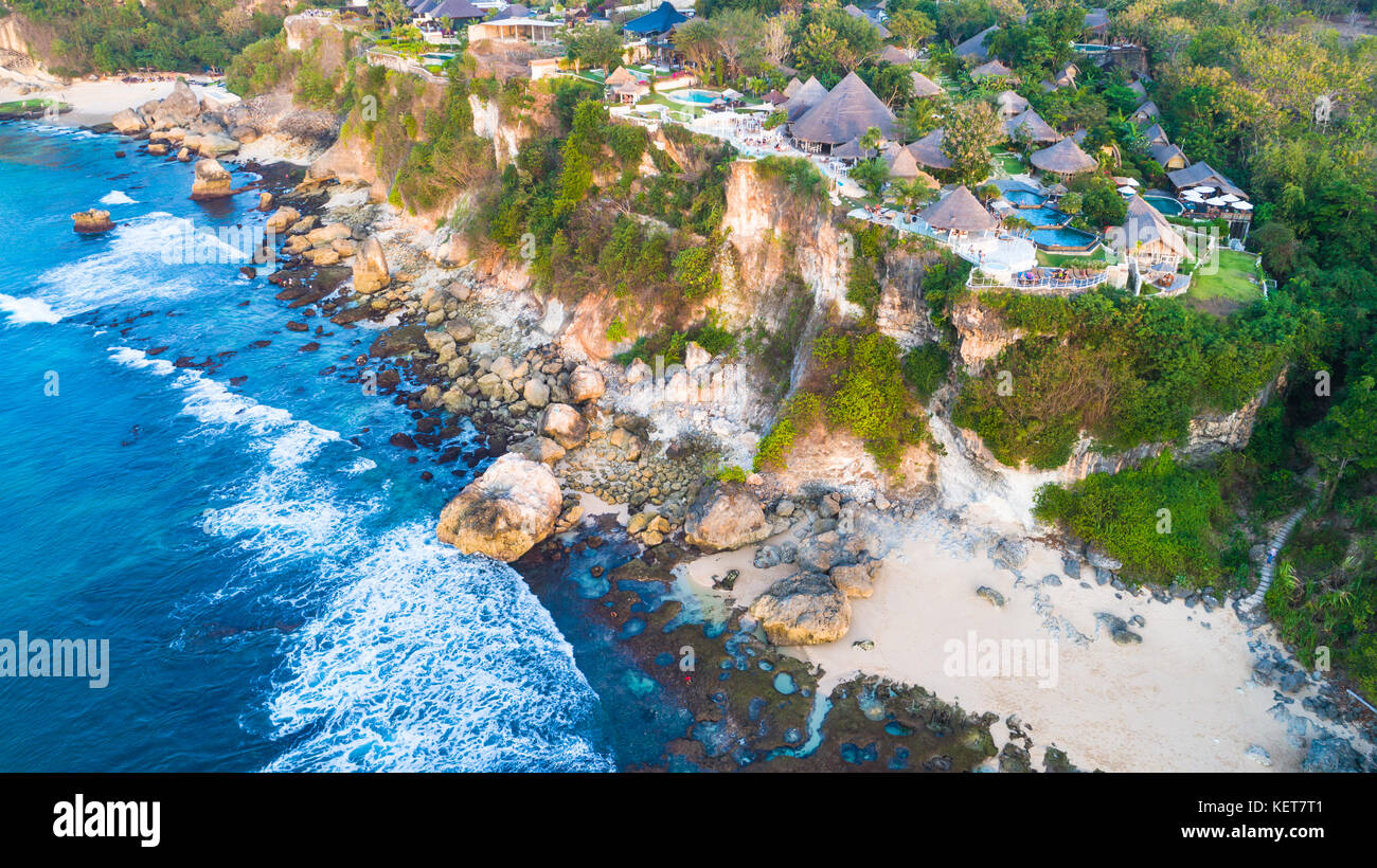 Hotels on cliff. Balangan beach. Jimbaran, Bali, Indonesia Stock Photo ...