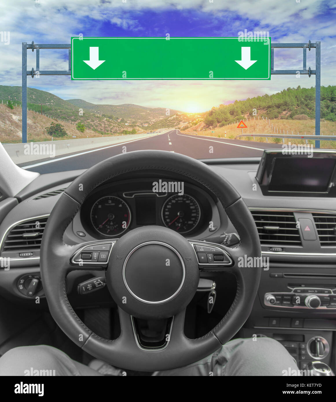 Car inside driver place, Interior of prestige modern car on high way ...